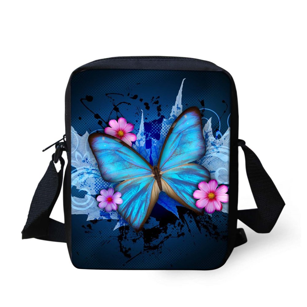 JEOCODY Blue Floral Butterfly Pattern Crossbody Shoulder Satchel Bag Sling Pack for Everyday Using