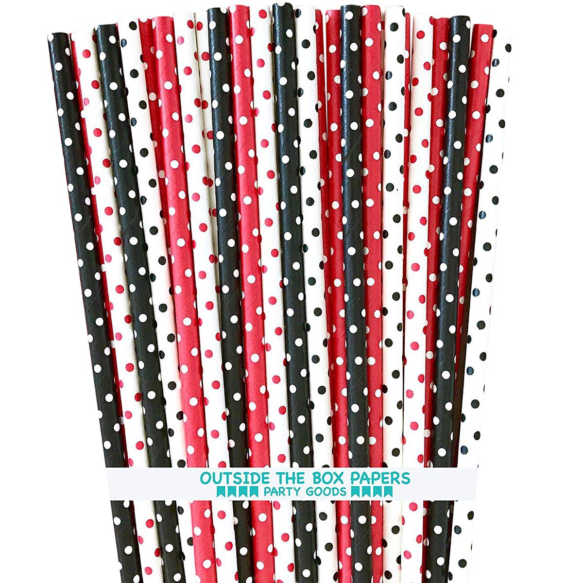 Paper Drinking Straws - Black Red and White Polka Dot - Ladybug Theme - 7.75 x .25 Inches - 100 Pack - Outside the Box Papers Brand