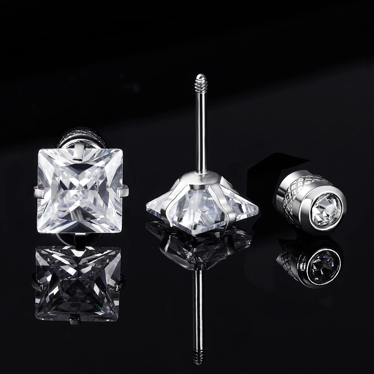 Pack of Screw Back Earrings Titanium Surgical Stainless Steel Simulated Diamond Flat Back Stud 316L Cubic Zirconia Hypoallergenic for Sensitive Ear for Women Men Piercing Post