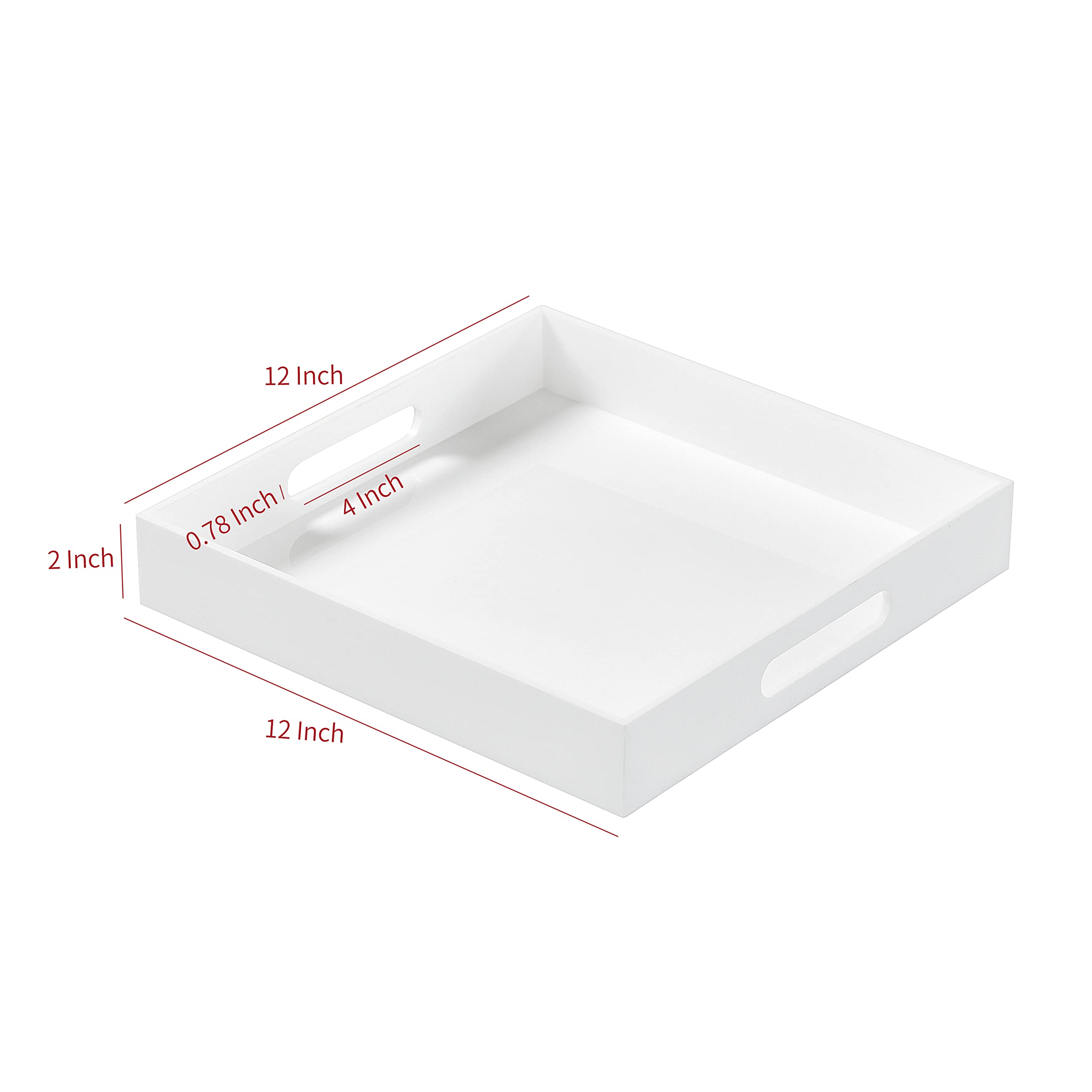 KEVJES Glossy White Acrylic Serving Tray with Handles-Acrylic Tray for Ottoman,Coffee Table, Breakfast, Tea, Food, Butler - Decorative Tray (12x12x2H Inch with, White)