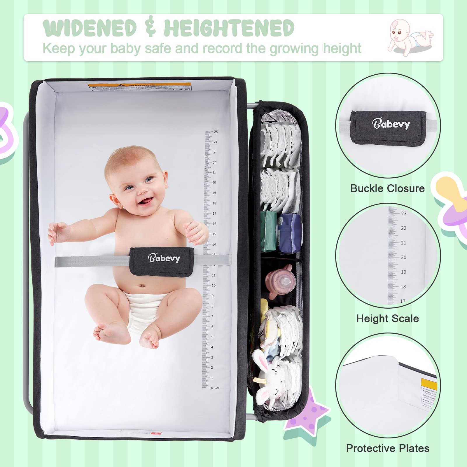 Portable Baby Changing Table, Babevy Foldable Changing Station Changing Dresser with Wheels for Infant, Waterproof Diaper Changing Table Pad Topper, Mobile Nursery Organizer for Newborn (Black)