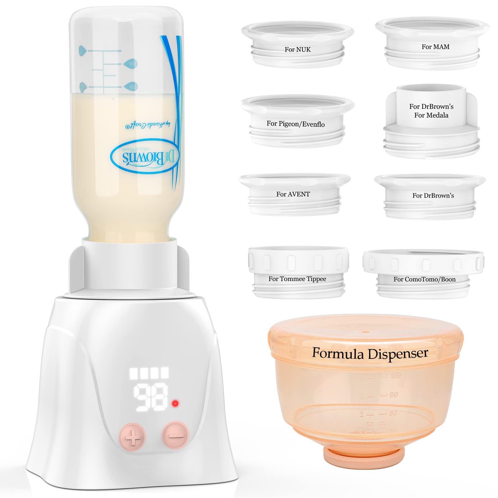 Portable Bottle Heater Double Leak-Proof with 8 Adapters, Quick Heating Travel Bottle Heater, 5 Temperature Settings Babys Brew Portable Warmer for Breast Milk, Formula, Water