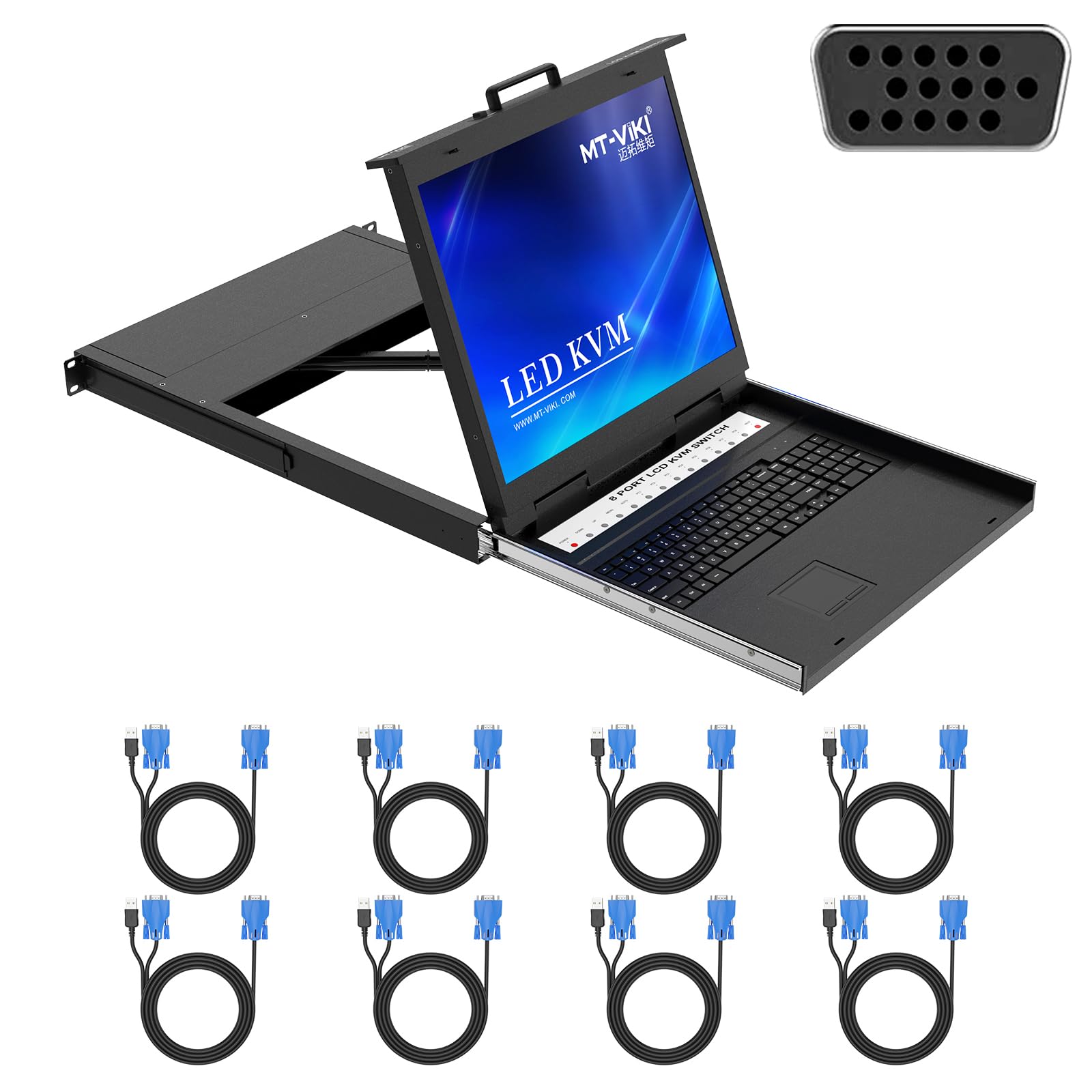 MT-VIKI 1U 19'' LCD KVM Console, 8 Port Rack Mount Monitor KVM VGA for 19'' Rack, 1280X1024@60Hz, Support OSD/Hotkey/Panel Switching, 8 Packs KVM Cable