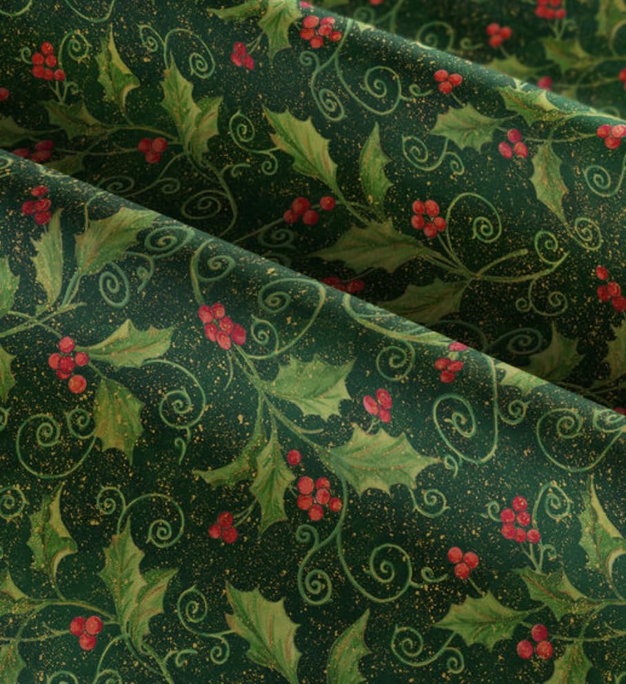 Holly Vine Scroll Metallic Christmas Cotton Precut Fabric - One Yard
