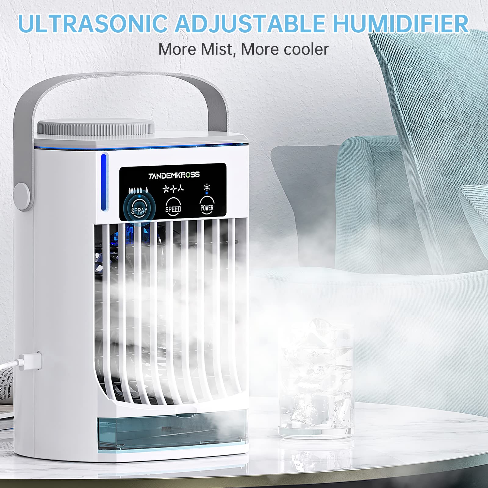 Portable Air Conditioner, Personal Air Cooler, Evaporative Air Cooler, Mini Cooling Fan Desktop Mist Humidifier with 3 Speed for Room Office Outdoor (White Grey)