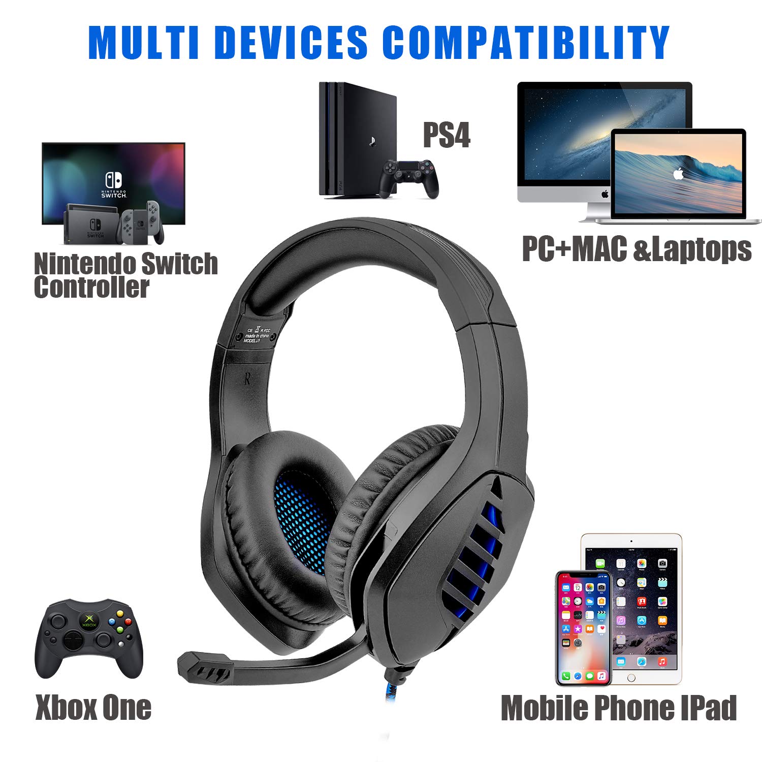J1 Stereo Gaming Headset with 7.1 Surround Sound, for PS4/PS5/PC/Xbox One/Controller LED Light Bass Surround Noise Cancelling Over Ear Headphones Mic (Blue)
