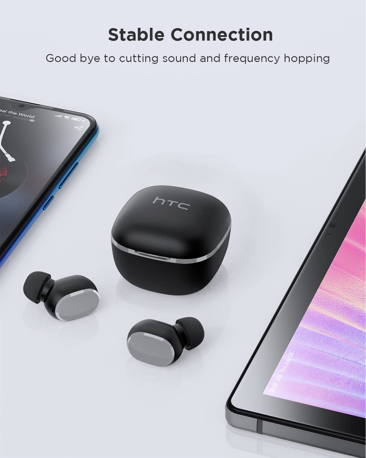 HTC Wireless Headphones Bluetooth 5.1 Wireless Headphones Wireless Earbuds with Built-in Microphone Touch Control with Deep Bass for Calls, Office, Sport (White)