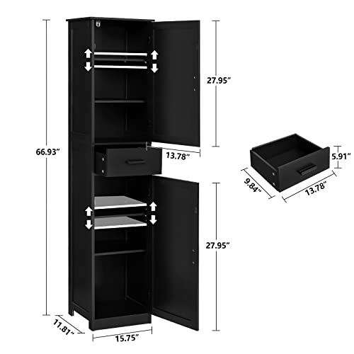 usikey 67" Bathroom Storage Cabinet with 2 Doors & 1 Drawer, Tall Bathroom Cabinet with Adjustable Shelves, Narrow Tall Linen Tower Cabinet for Bathroom, Living Room, Bedroom, Black