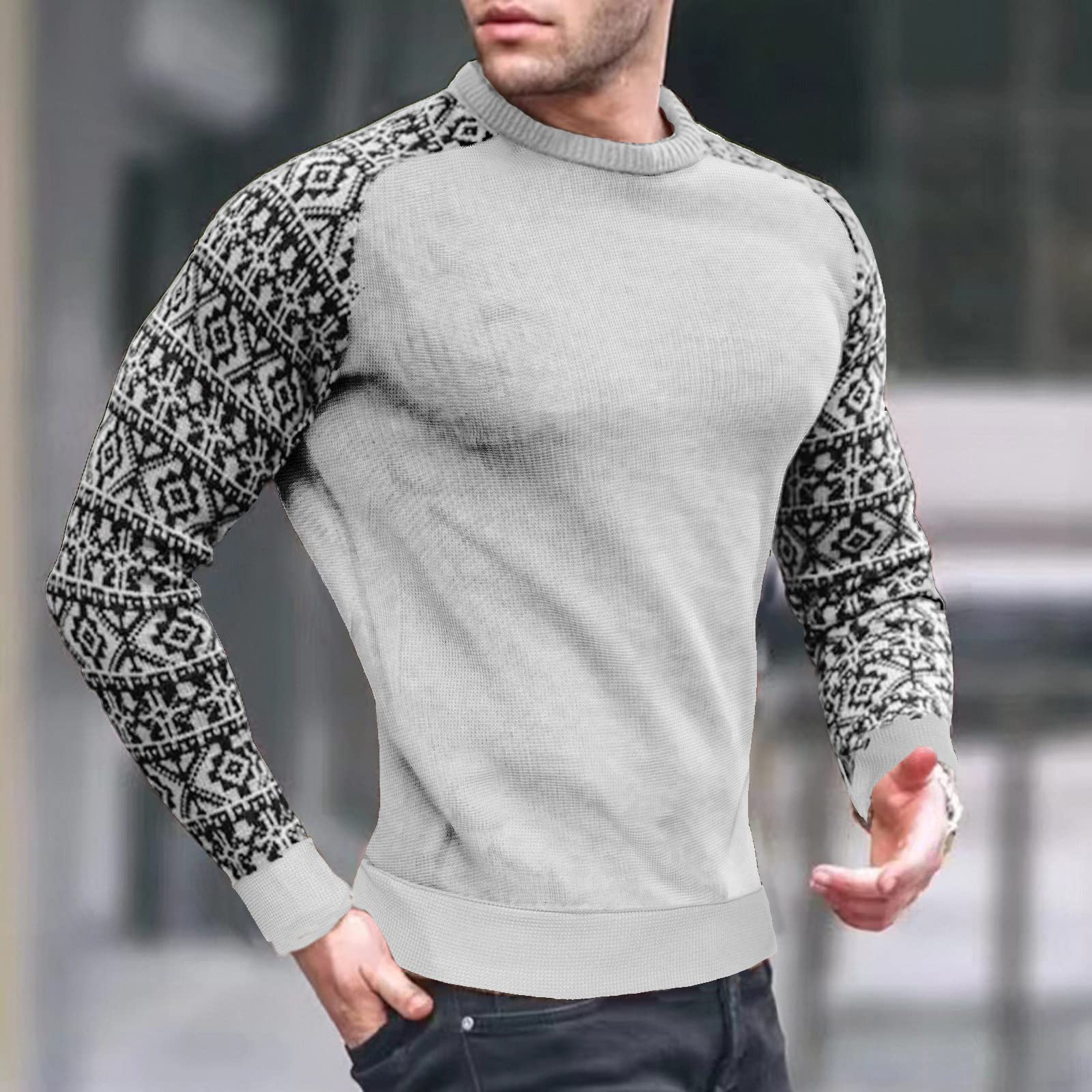 Men's Waffle Shirts Long Sleeve - Casual Slim Fit Undershirts Crew Neck Pullover Tops Light Grey