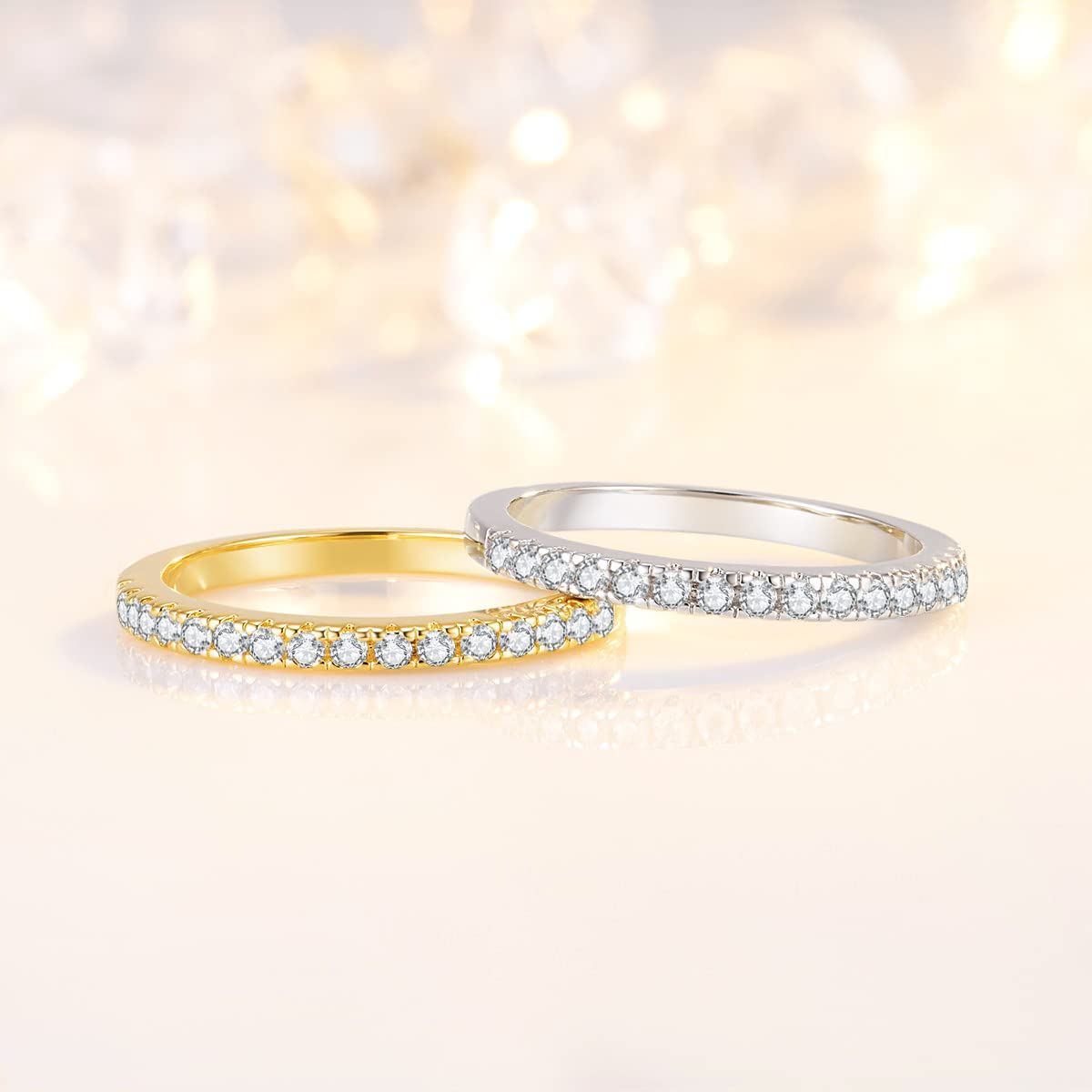 LAANSRER 2MM Wedding Band for Women 14K Gold Plated Stackable Ring Half Cubic Zirconia Eternity Engagement Rings for Women Size 7