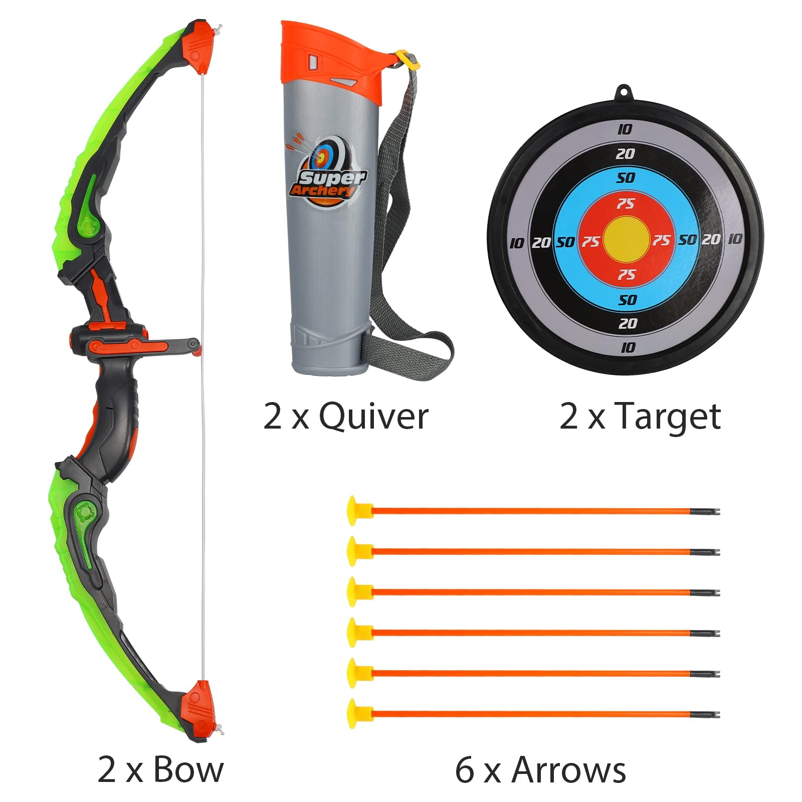 MorTime 2 Pack Bow and Arrow Set with LED Flash Lights, Practice Outdoor Toys for Kids ,Green Light Up Archery Toy Set -includes 6 Suction Cup Arrows