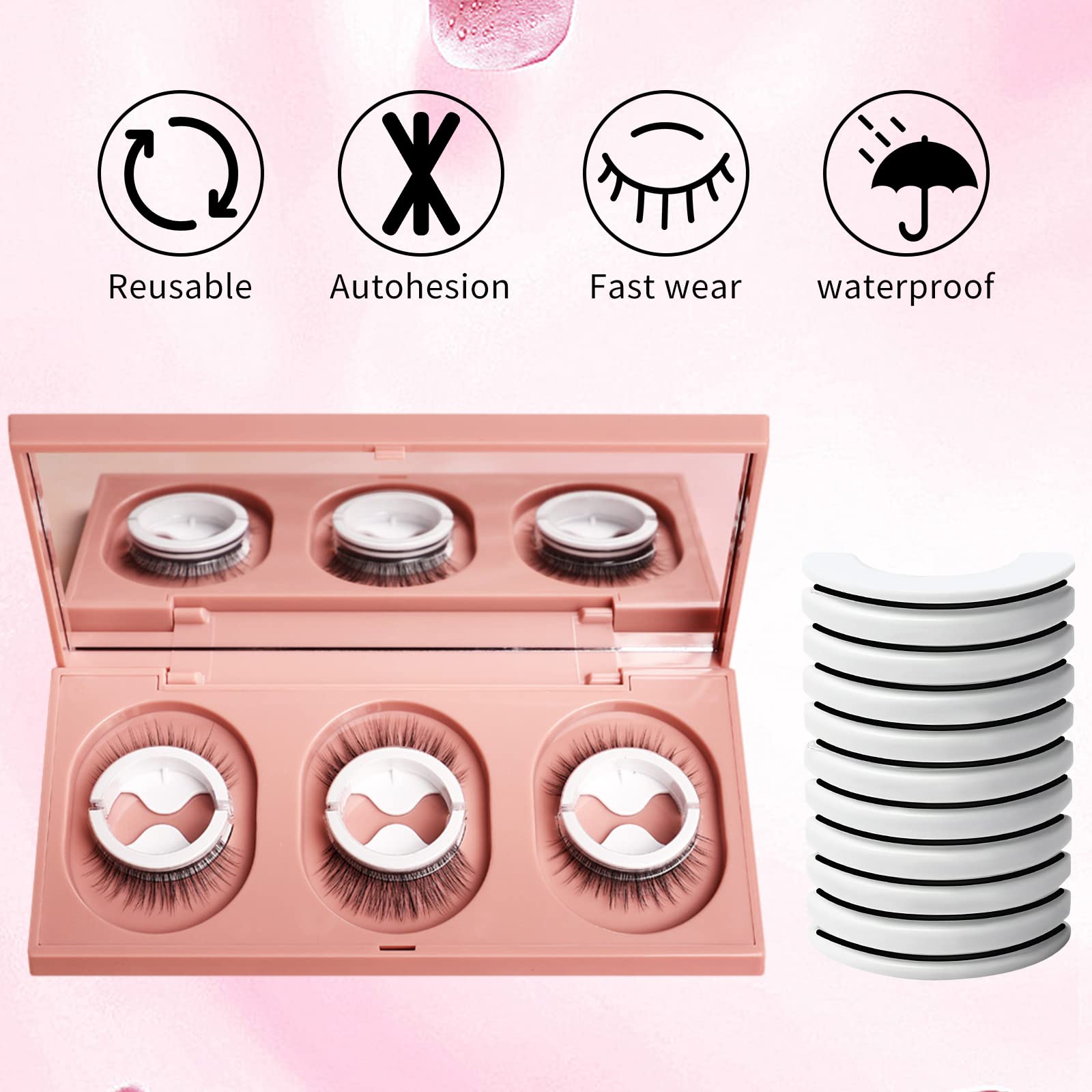 PTGVCTA 3 Pairs Reusable Self-Adhesive Eyelashes, Natural-Looking and Waterproof False Eyelashes with 13PCS Spare Adhesive Strip,Beautiful Women Gift(WH-3)