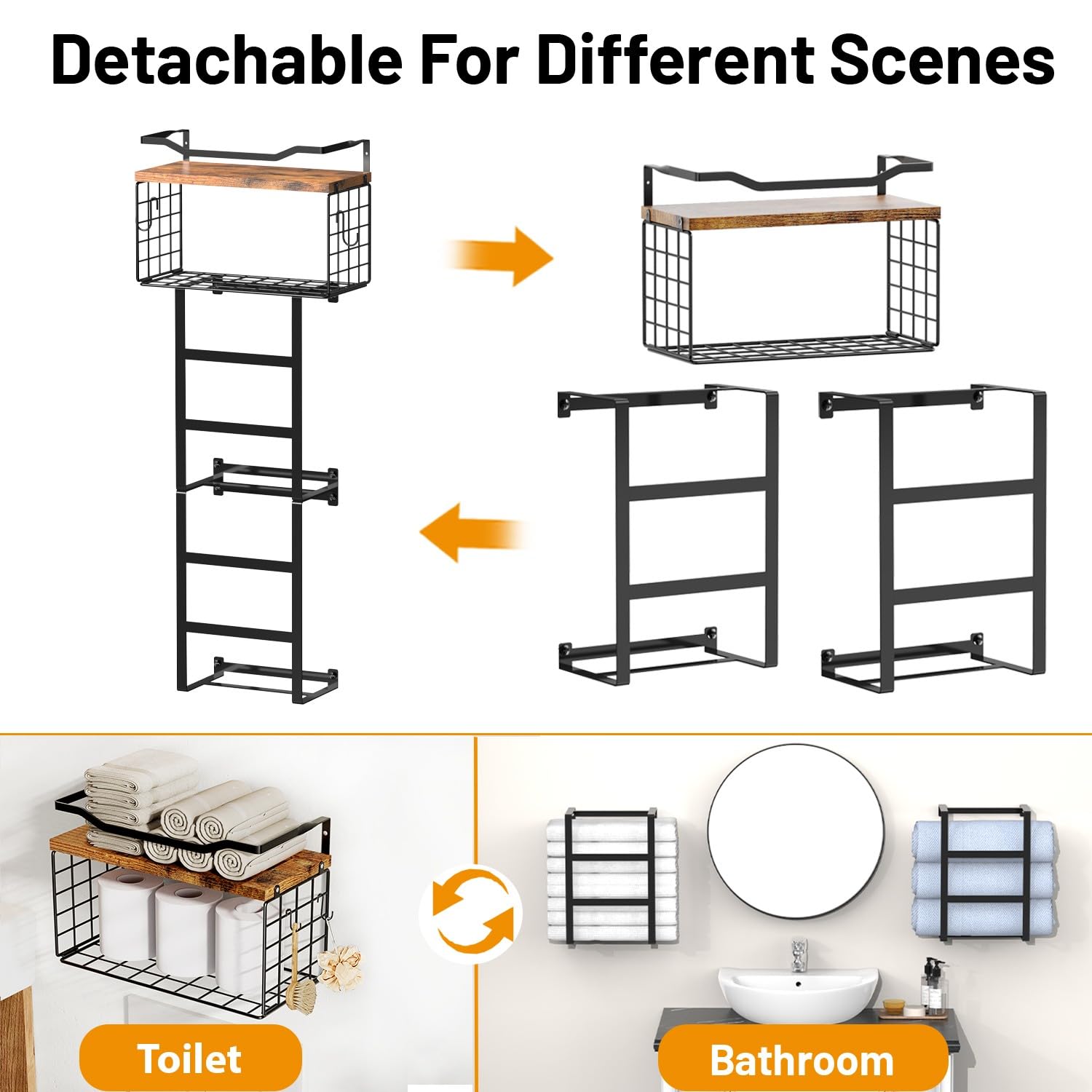 Towel Racks for Bathroom,Towel Rack Wall Mounted with 2 Pack Towel Shelf and a Wire Basket, Rolled Towel Holder Shelf Bathroom Storage and Organizer, Sturdy Metal & Wood, Black