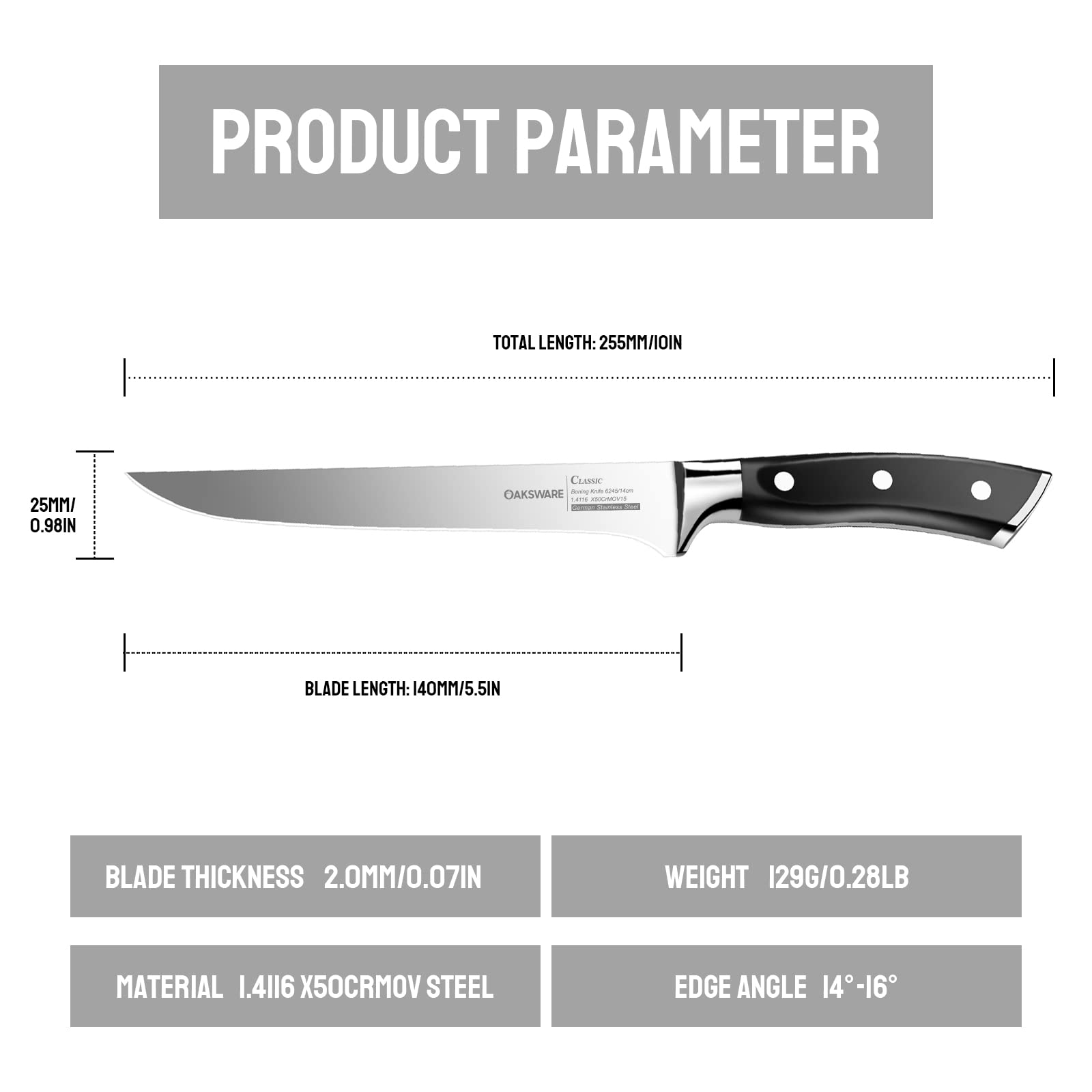 OAKSWARE Boning Knife 5.5-Inch, German Stainless Steel, Full-Tang, Fillet Knife, Kitchen Knife, Multipurpose Meat Knife for Boning, Filleting and Trimming, With Ergonomic ABS-Handle