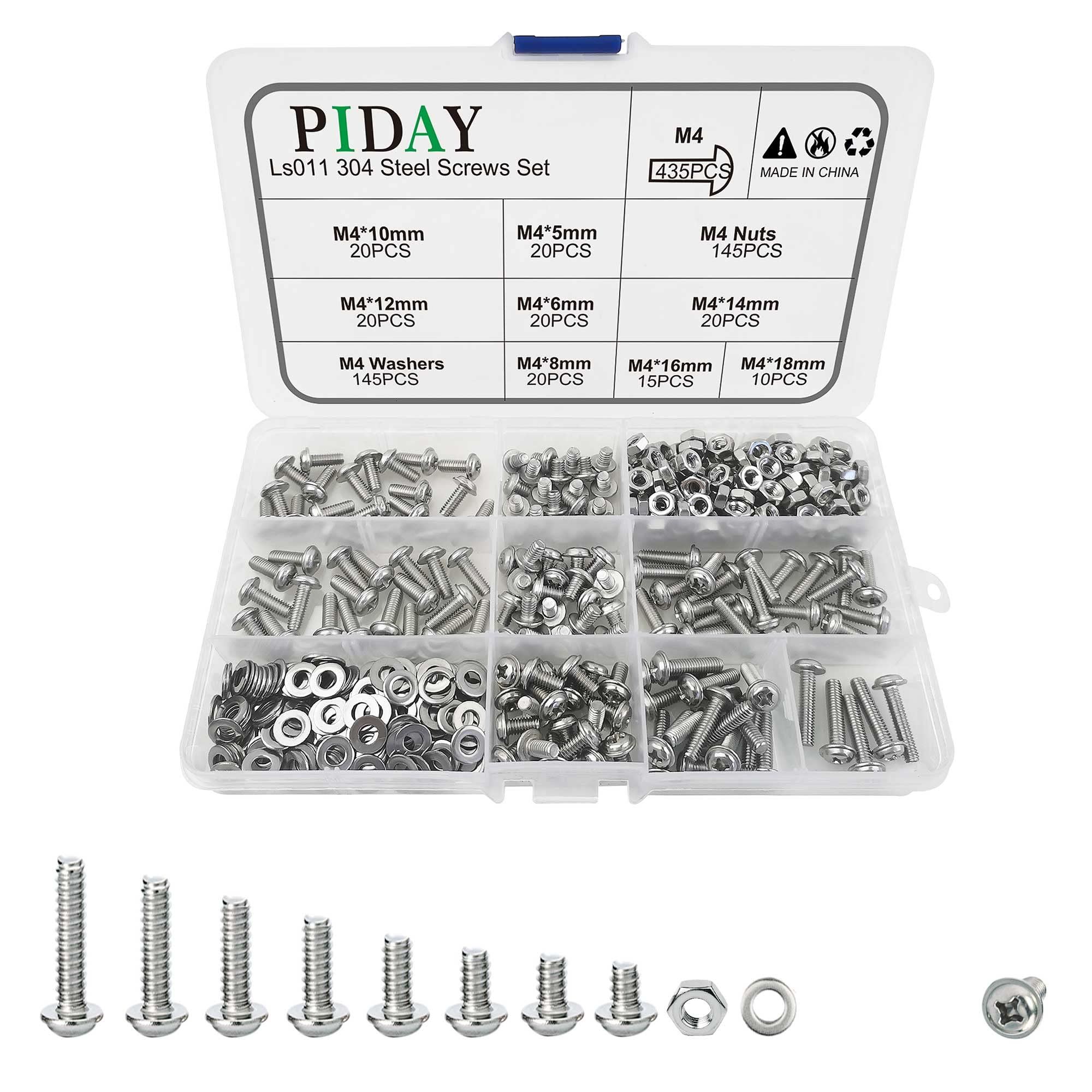 PIDAY 435PCS M4 Knob/Pull Machine Screws Phillips PMW Pan Head Screws Bolt 304 Carbon Steel Cabinet Door and Drawer Screws Set