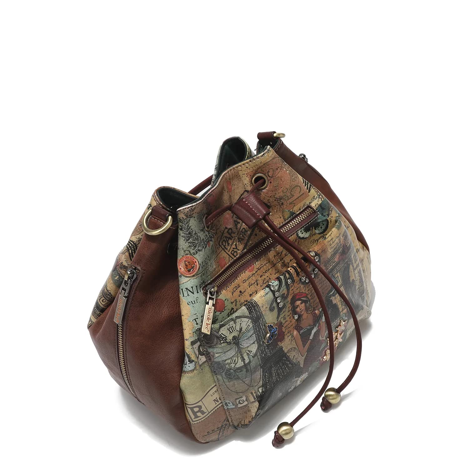 Nicole Lee Paris Fashion Week Medium Bucket Bag, Drawstring Crossbody, Butterfly Flower Embellishments, Multiple Pockets