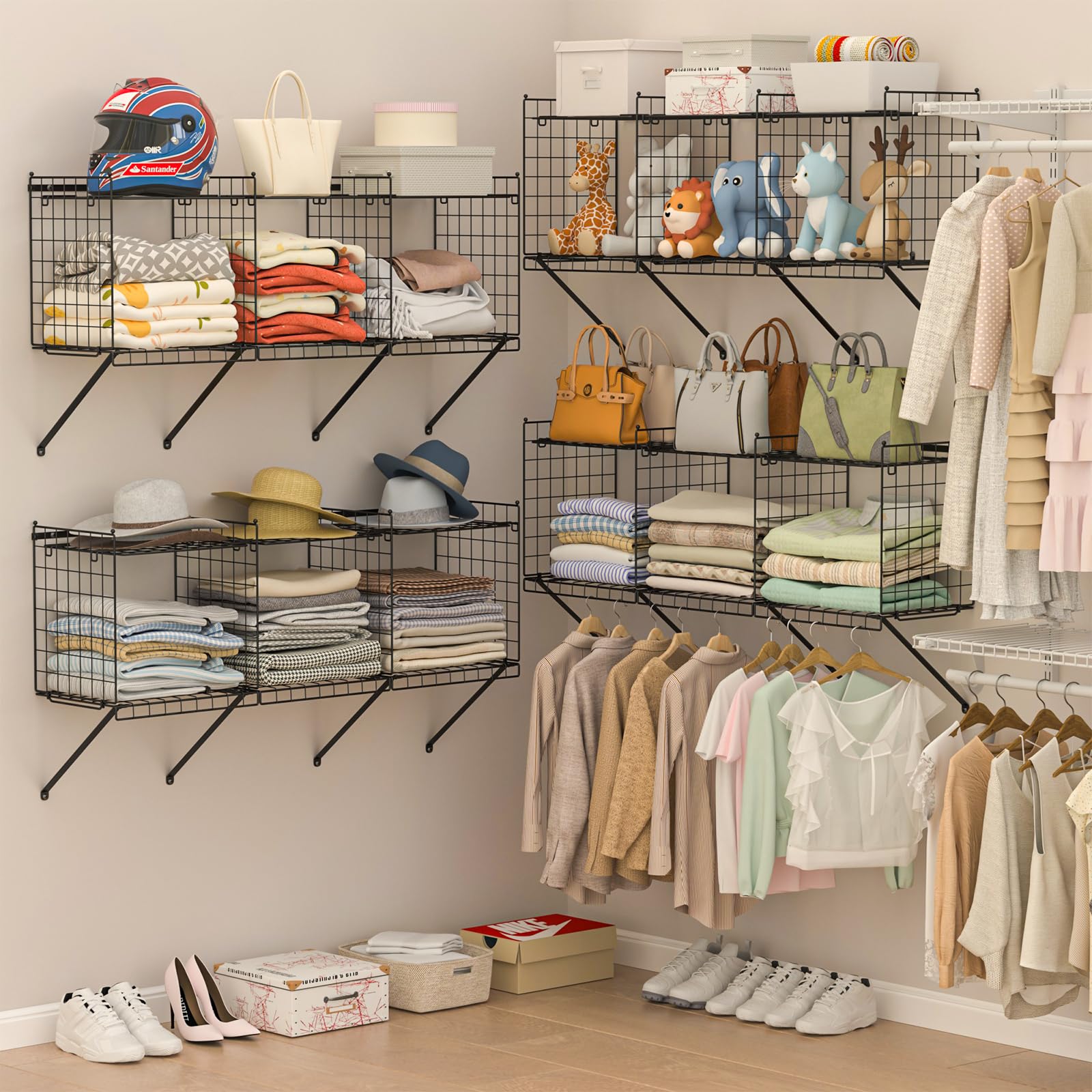 X-cosrack 3 Pack Wire Shelves Wall Mounted with with Height-Adjustable Shelf, 2 Tier Closet Wall Shelves with Wire Storage Baskets for Closet Garage Laundry Room Organization and Storage
