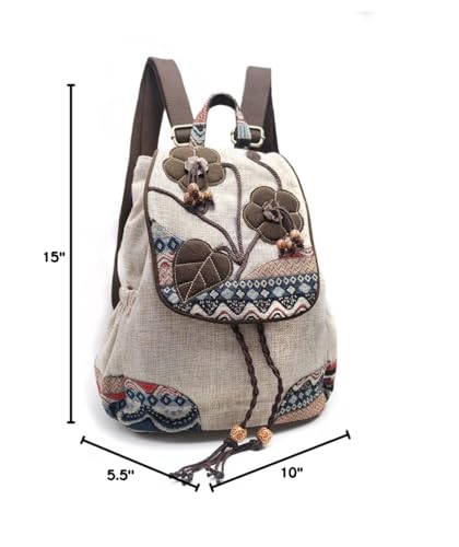 HUANGGUOSHU Backpack Purse For Women Casual Vintage Drawstring Anti-theft Back Pack Hippie Travel Boho Hand-Held Flap Hand-Embroidered Backpack, 13.7*13.7*7.08 inches
