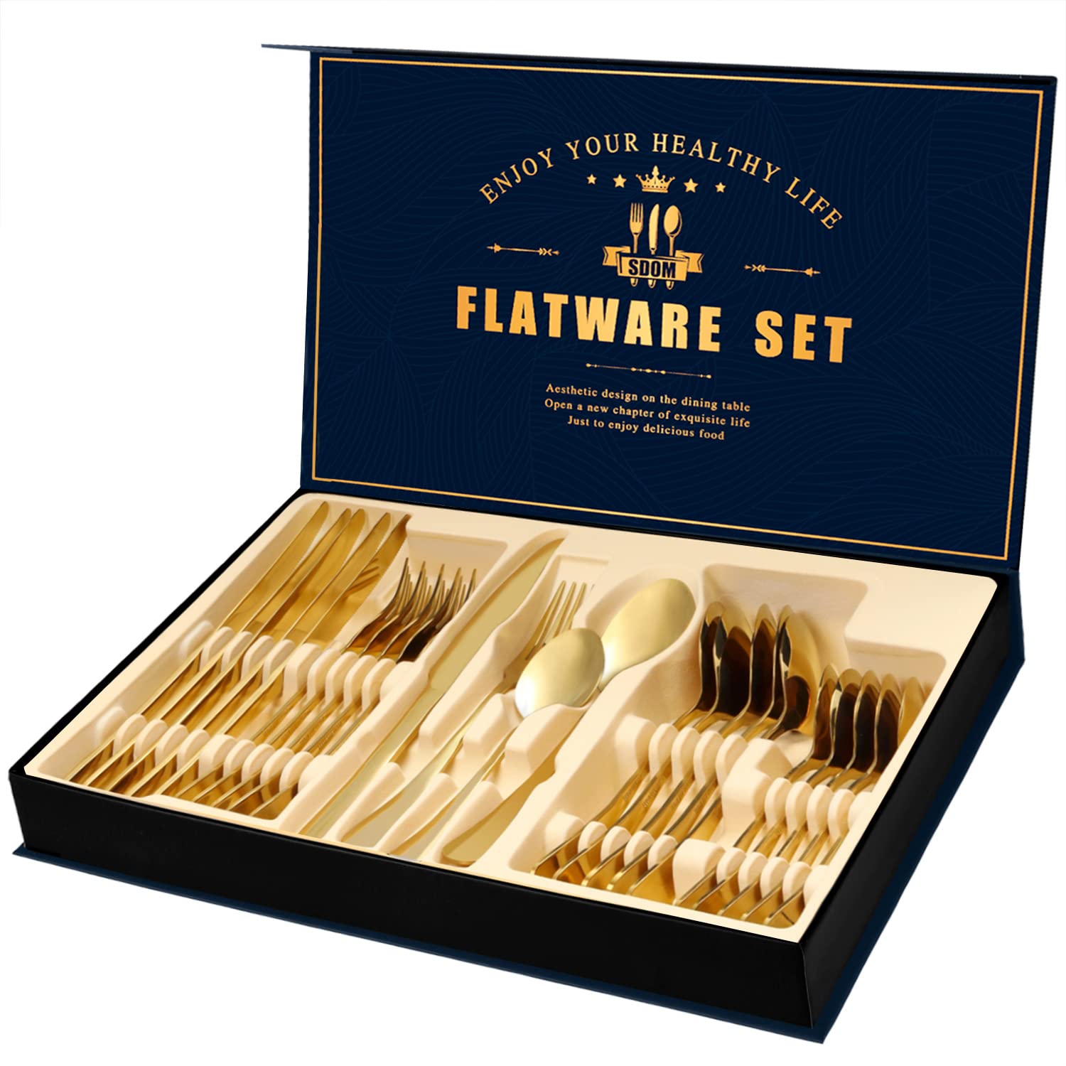 SDOM Silverware Set, Mirror Finish 24-Piece Stainless Steel Rounded Flatware Set for 6, Food-Grade Tableware Cutlery Set, Utensil Sets for Home Restaurant, Dishwasher Safe(Gold)