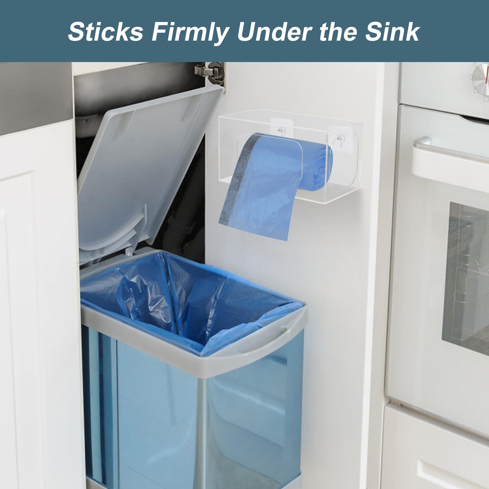 Trash Bag Holder Dispenser, Acrylic Trash Bag Dispenser Roll Holder, Adhesive Wall Mount Garbage Grocery Bag Dispenser Organizer for Kitchen, Cabinet, Under Sink with 4 Strong Stickers Screws