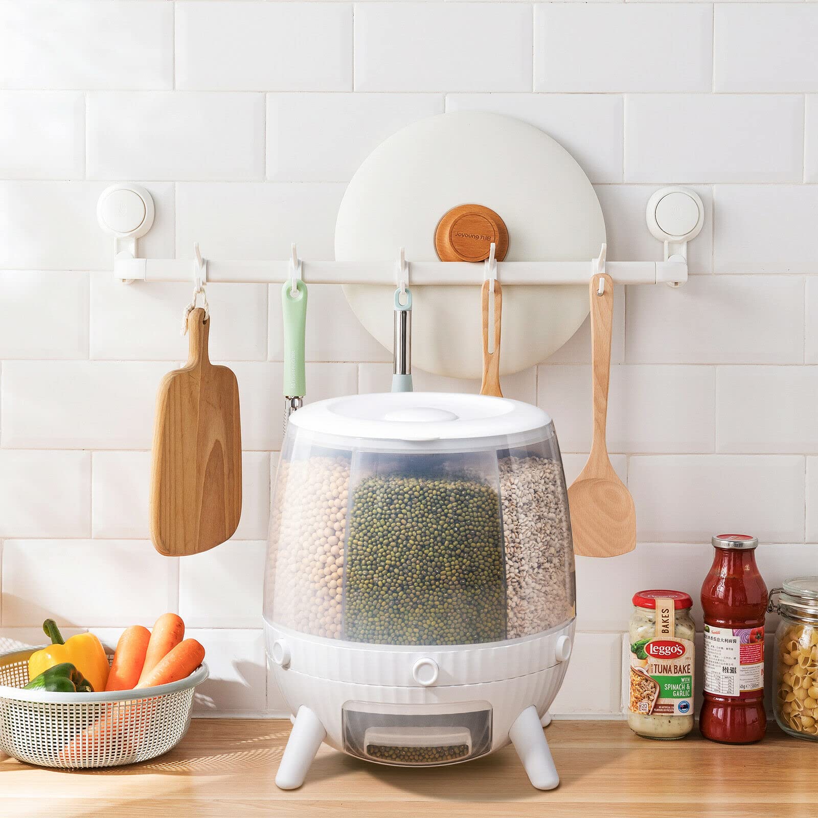 LOYALHEARTDY 6-Grid Rice Dispenser 360° Rotating Rice Grain Dispenser Dry Grain Storage Container Tank Food Dispenser Kitchen for Grains, Rice, Beans, Coffee Beans