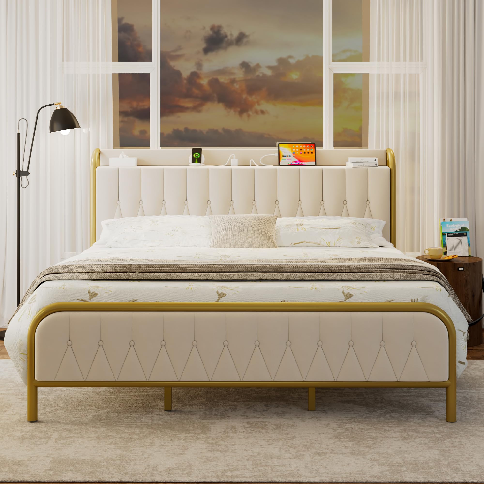 iPormis King Size Metal Bed Frame with Charging Station, Velvet Headboard and Footboard, Heavy Duty Steel Support, 12" Under Bed Storage, No Box Spring Needed, Easy Assembly,Beige&Gold