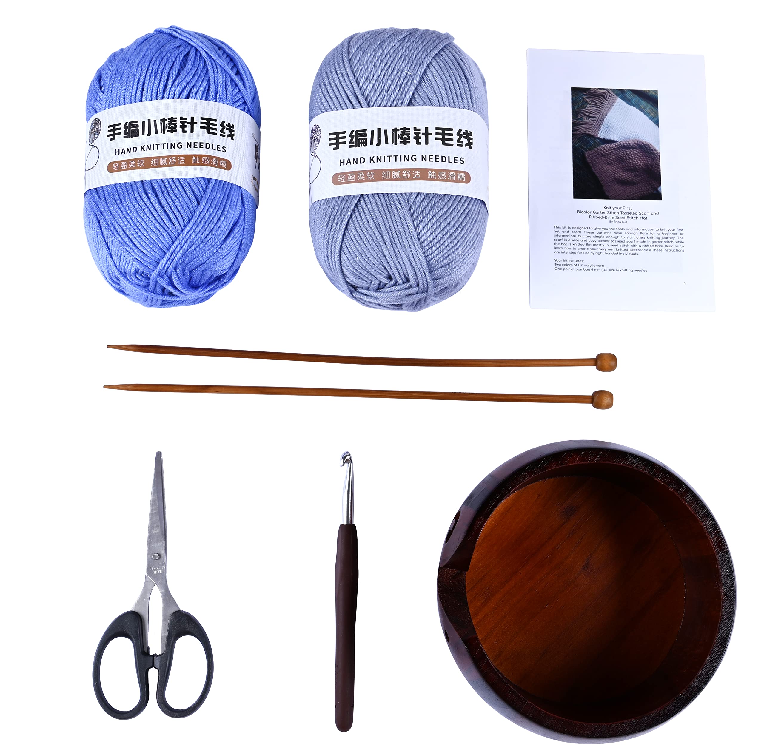 Knitting Kit for Beginners Adults & Kids, Knitting Starter Kit Learn to Knit Your Scarf & Hat with Instructions, Yarn Bowl, Knitting Needles & All Beginner Knitting Accessories