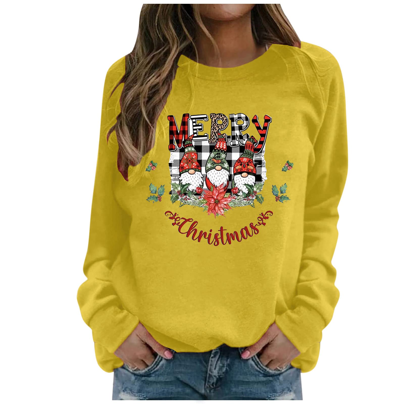 Pullovers For Women Graphic Funny Christmas T-Shirt Long Sleeve Festival Shirts Flowy All-match Pullovers Christmas Tops Yellow
