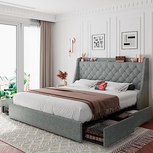 iPormis King Size Bed Frame with 4 Storage Drawers, Upholstered Platform Bed Frame with Type-C & USB Ports, Wingback Storage Headboard, Solid Wood Slats, No Box Spring Needed, Light Gray