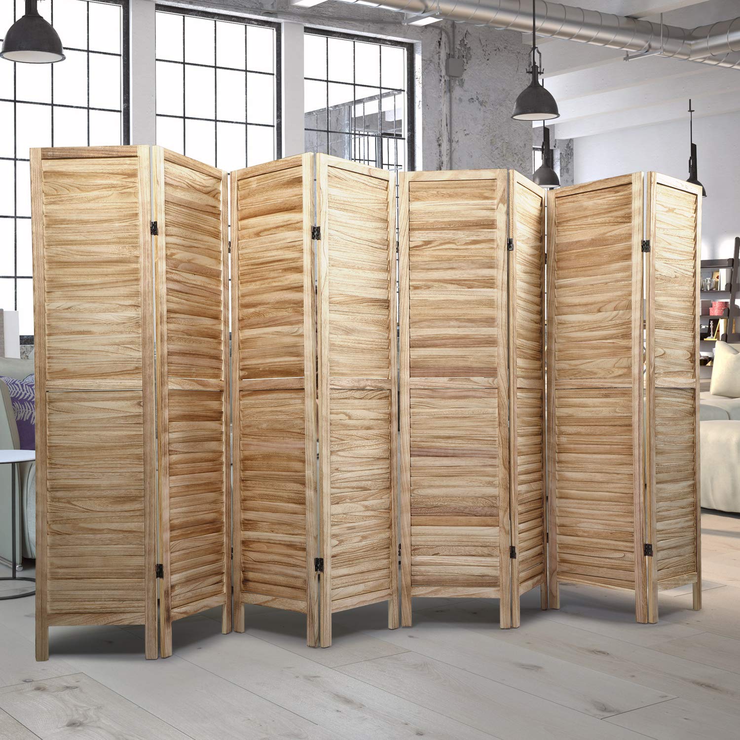 JAXPETY 4 Panel Wood Louvered Room Divider, 5.6 Ft Tall Oriental Folding Freestanding Privacy Screen Room Dividers for Home, Office, Bedroom (Nature)