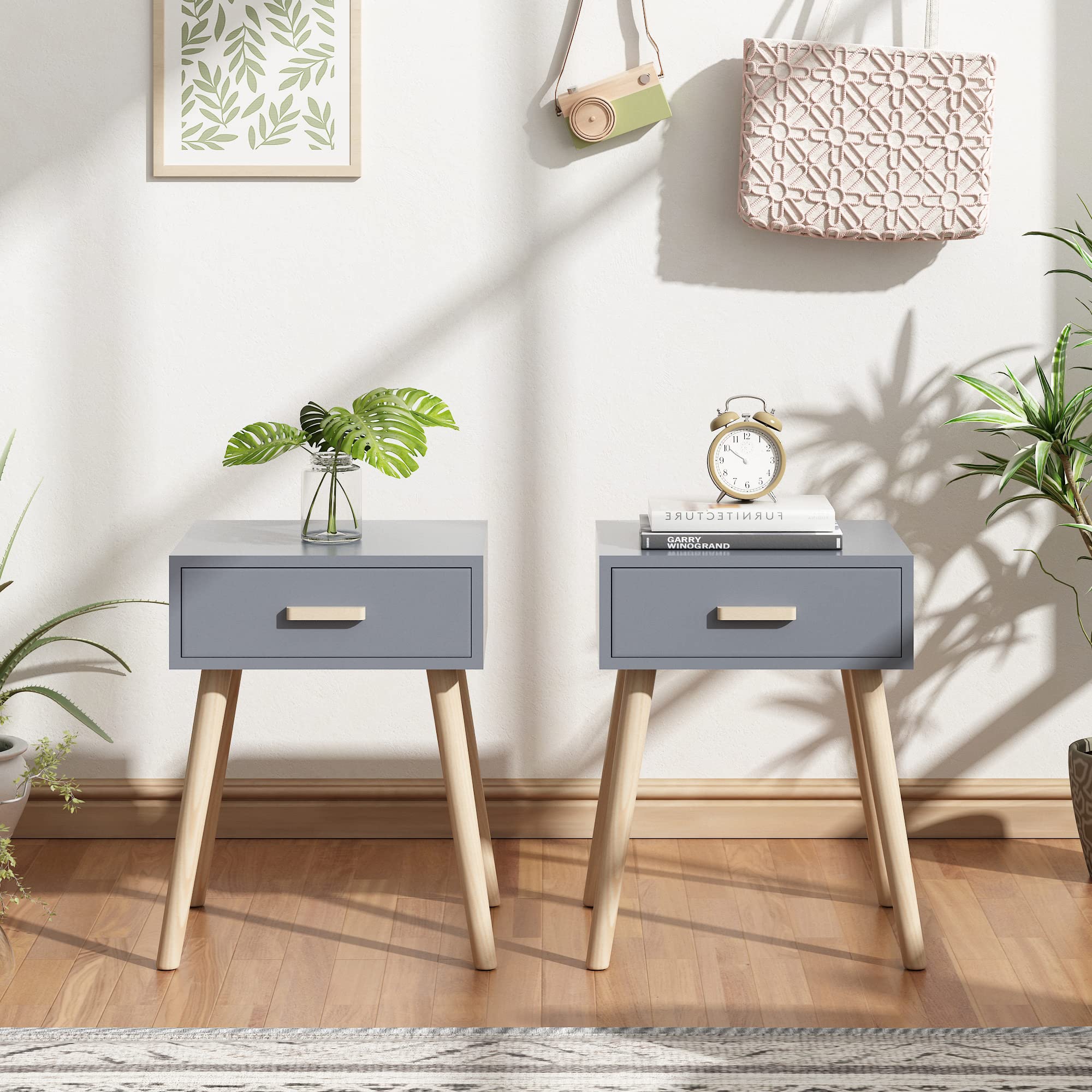 JAXPETY Set of 2 Morden Nightstands with Solid Wood Legs, Bedside Table Night Stands for Bedroom, End Table with Storage Drawer, Grey