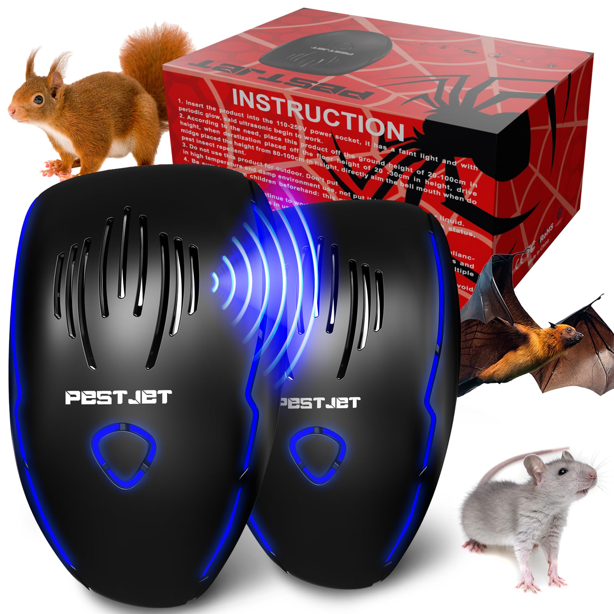 New 2024 Ultrasonic Pest Repeller Plug in - 2 Pack β Outdoor/Indoor Electronic Pest Repellent - Get Rid of Rat Bat Mouse Squirrel Bug Bee Ant Spider Wasp Cockroach Fly Mosquito Rodent Termite Roach
