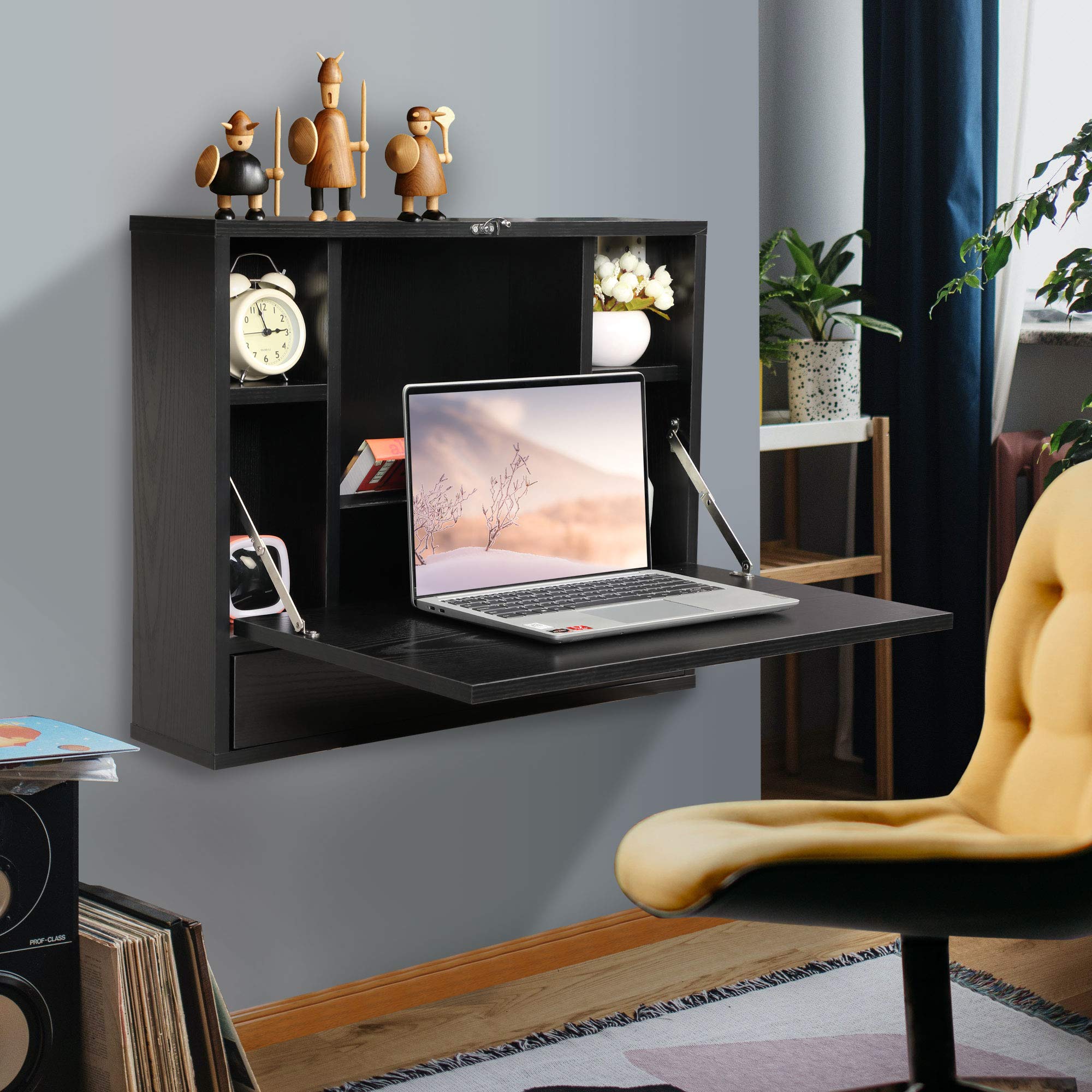 JAXPETY Wooden Wall-Mounted Space-Saving Desk, Fold Out Computer Laptop Desk with Storage Bookcase & Drawer, Convertible Writing Desk for Home Office, Black