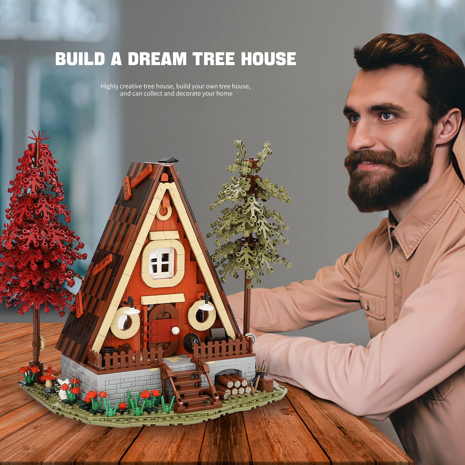 QLT A-Frame Cabin Building Set, Wooden Forest House with LED Lighting Kit, Gift for Adults, Compatible with Lego Adult Cabin (1689 Pcs)