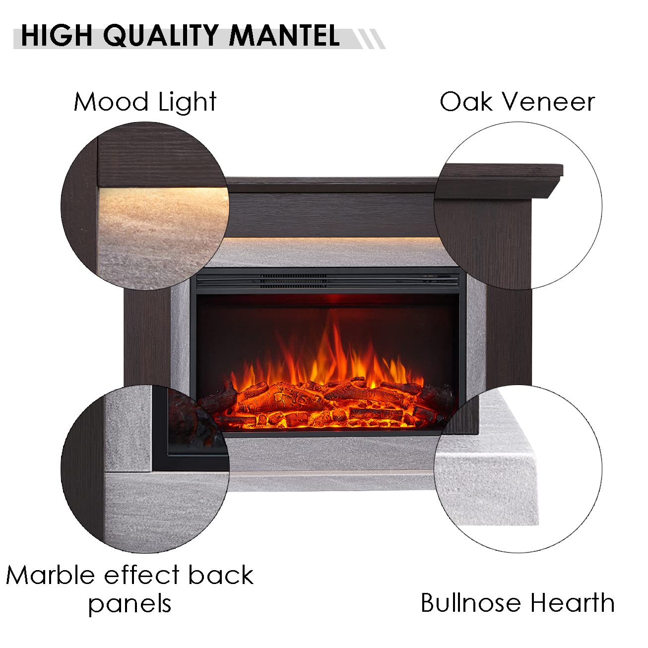 LegendFlame® Harrison Electric Fireplace with 48" Mantel Surround and Jaden 31" Insert, Espresso Oak with Light Grey Marble Finish