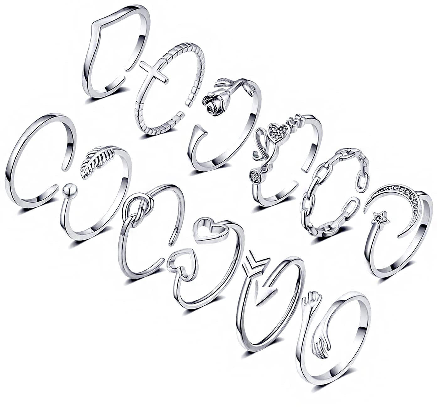 KOHOTA 12PCS Adjustable Knuckle Rings for Women 14K Gold Plated Silver Simple Stacking Rings Pack Open Knot Star Moon Butterfly Dainty Thumb Ring Set for Women