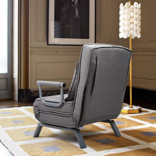 JAXPETY Sofa Bed Folding Arm Chair Single Sleeper Bed Chair, Leisure Recliner Lounge Couch w/Pillow and 5 Position Adjustable Backrest for Home Office, Gray