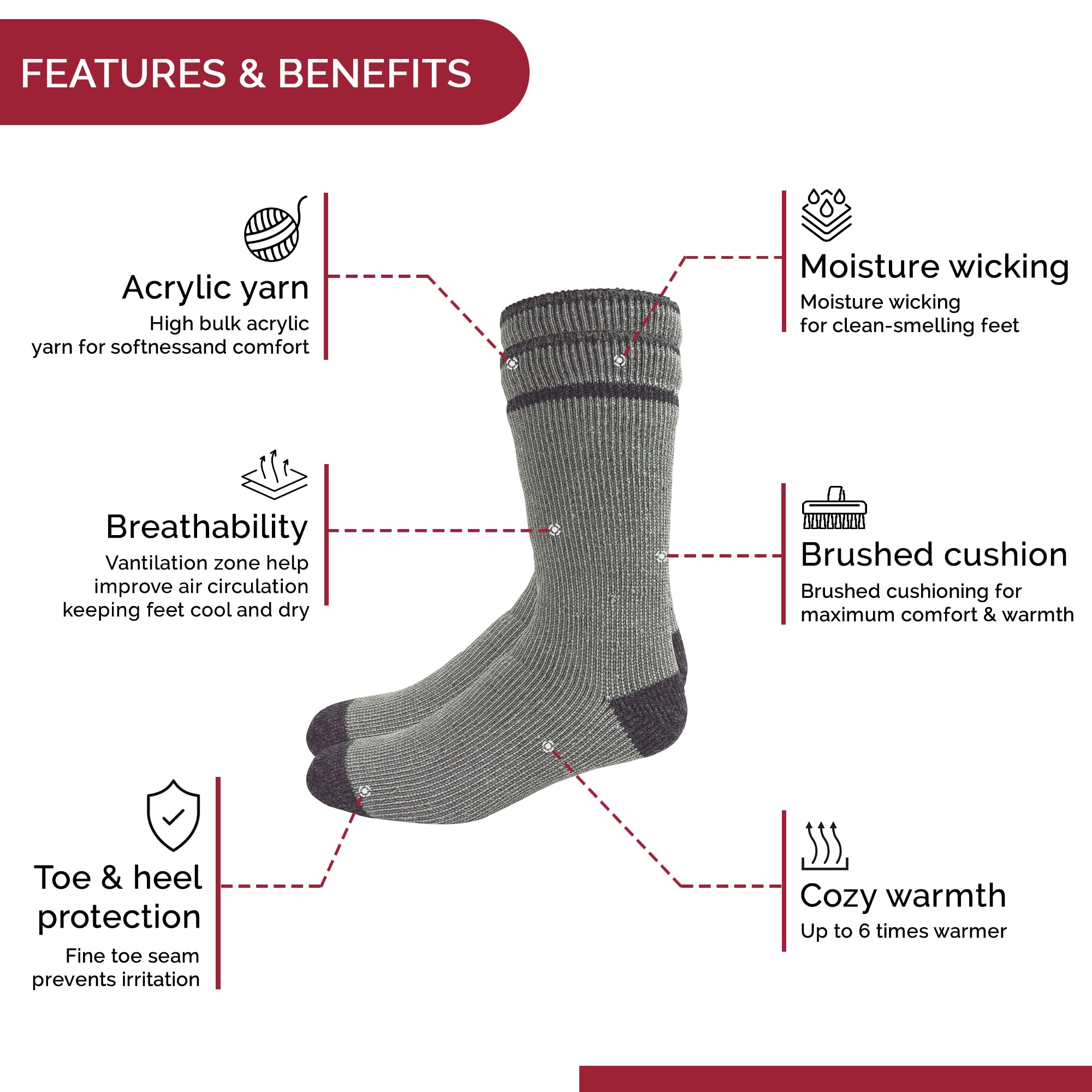 Kodiak Men Thermal Crew Warm Outdoor Socks with Thick Brushed Cushioning, 2 Pairs, Size 7-12