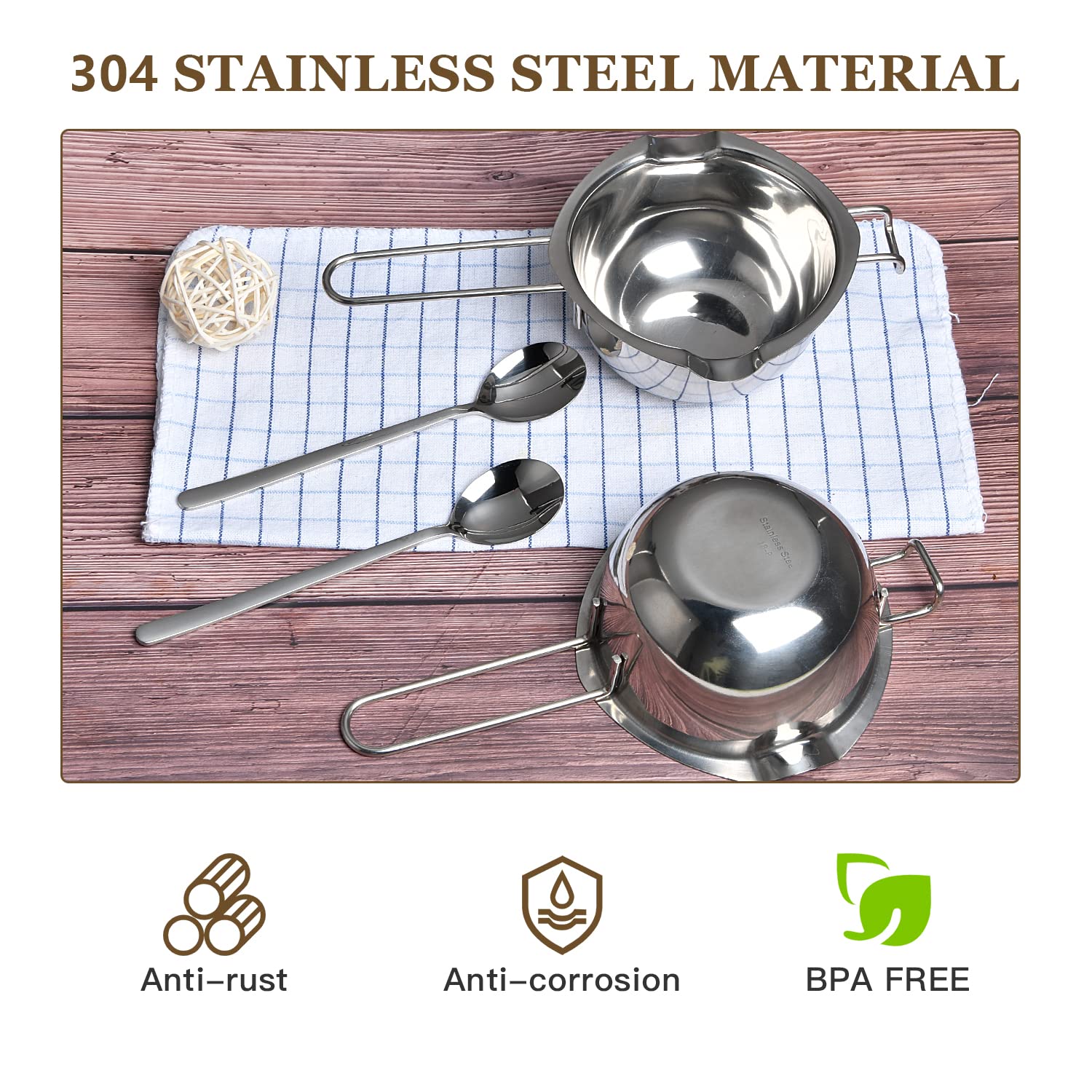 Milkary 2 Pieces Stainless Steel Double Boiler Pot with 2 Metal Spoon, Chocolate Melting Pot for Melting Chocolate, Butter, Cheese, Candle and Wax Making Kit Double Spouts 400ml/14oz