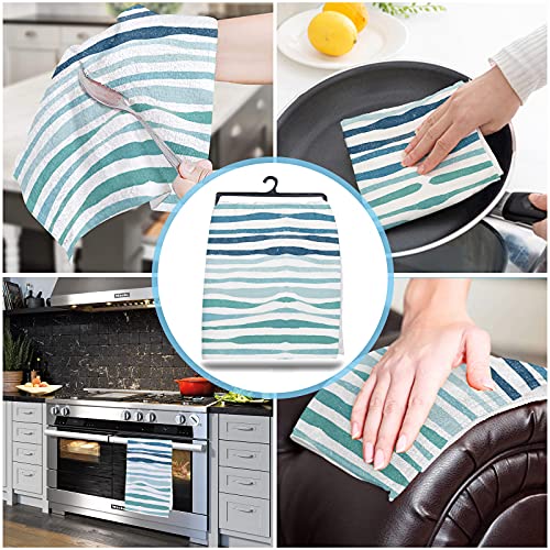 LUSWEET Kitchen Towels Wave Stripe Blue Green Soft Cotton Reusable Absorbent Cleaning Kitchen Dish Towels for Kitchen Cleaning,Dishwashing,Kitchen,Bathroom,18X28 Inch, 3 Pack