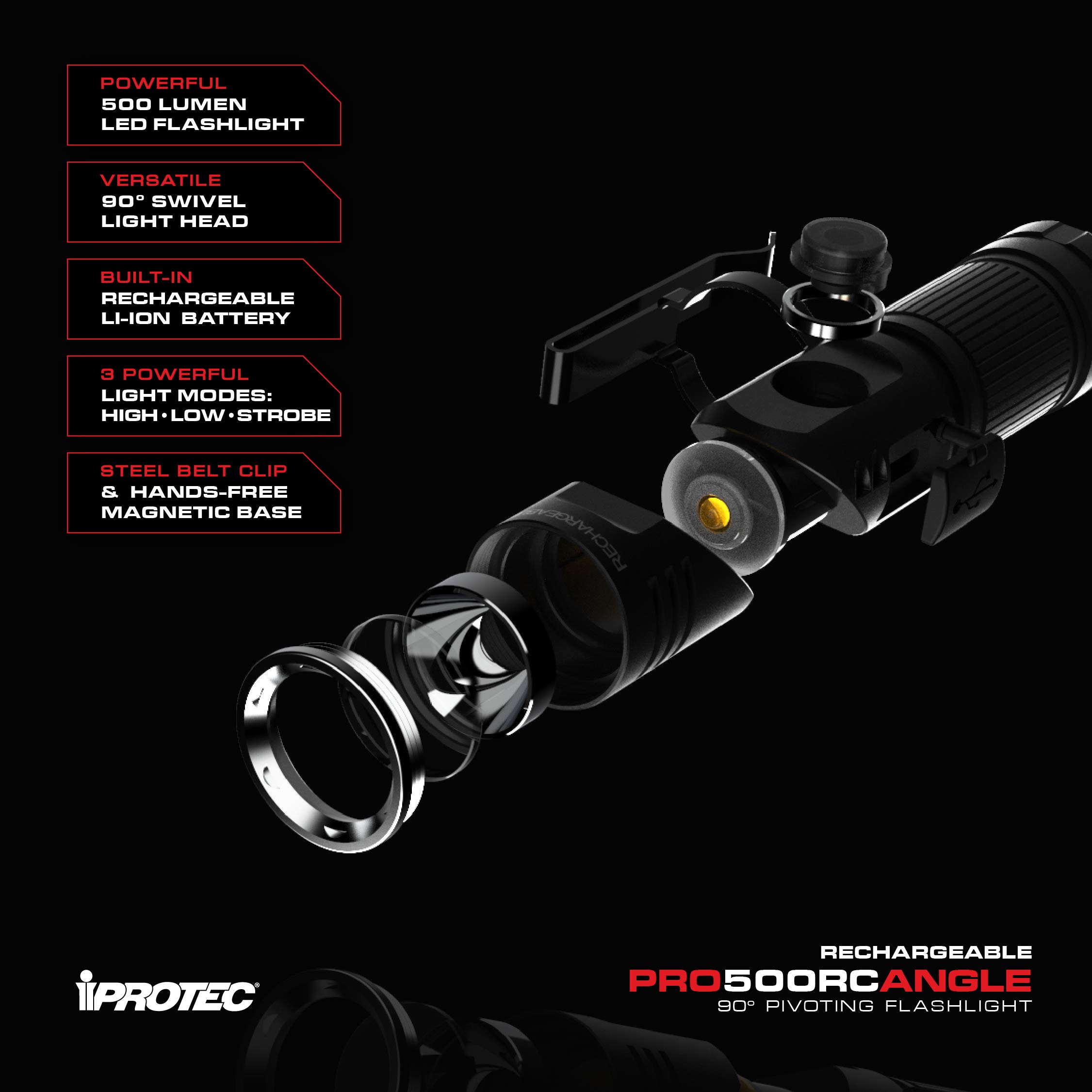 iProtec PRO500RCAngle 500 Lumen 90 Degree Pivoting Flashlight, USB Rechargeable Angled Tactical Work Light with Rotating Head 3 Light Modes; Pocket Clip Magnetic Base for Hands-Free Lighting