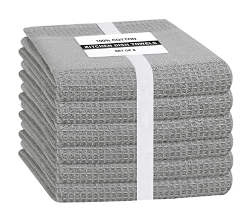 Linen Hub 100% Cotton Waffle Kitchen Dish Towels 16x26 Oversized, Absorbent Durable Washable, Tea Towels, Dish Cloths, Bar Towels, Cleaning Towels, Kitchen Towels with Hanging Loop - Set of 6 Grey