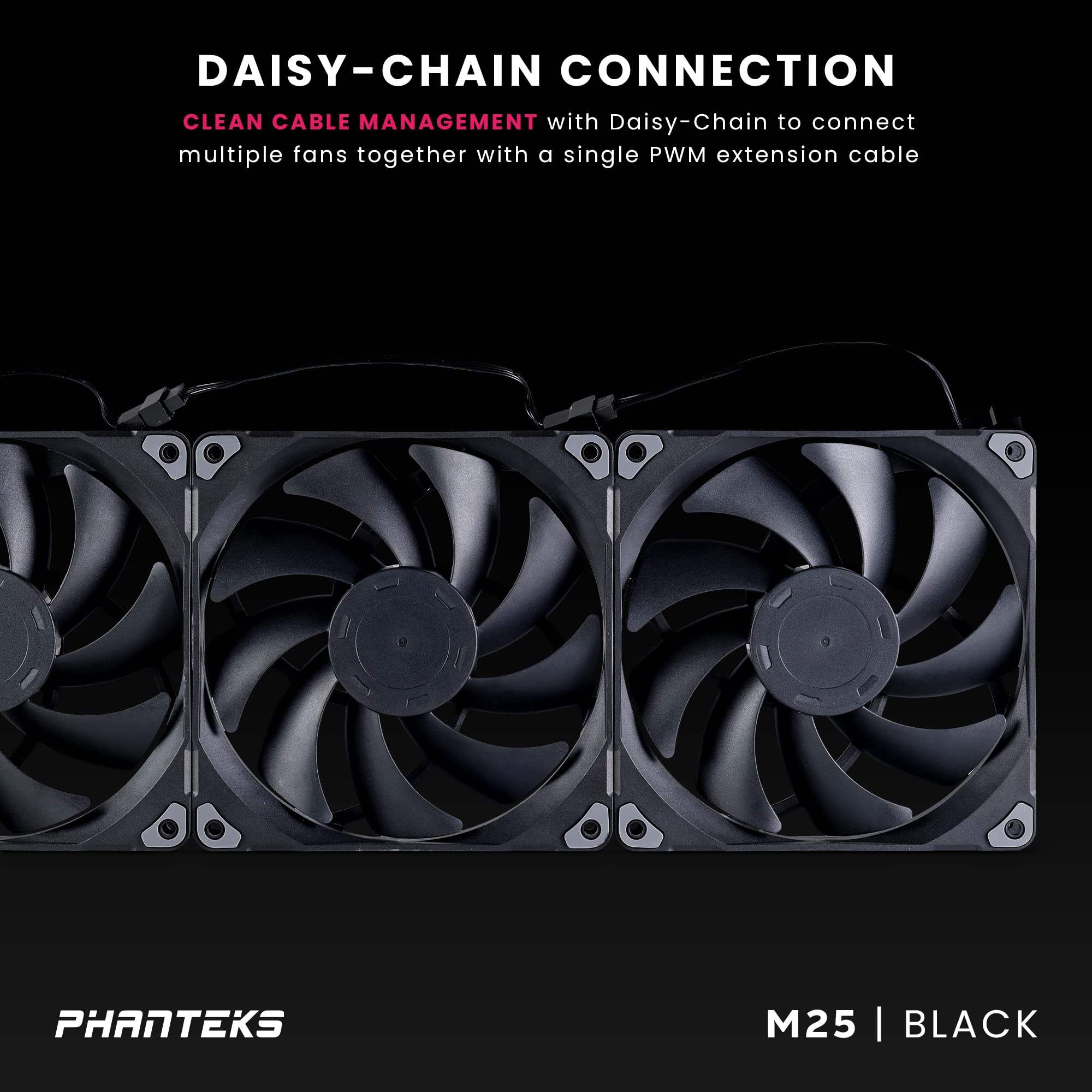 Phanteks M25-140 Fan, High-Airflow Radiator Performance, PWM Control up to 1800RPM, Daisy-Chain Cable, Black (3-Pack)