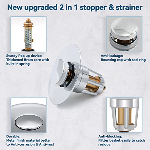 Partreko Universal Bathroom Sink Stopper, Upgraded Anti Clogging Pop Up Sink Drain Strainer Stoppers with Filter, Fits 1.08"—1.5" Drain Holes, Anti-Rust Bronze Drain Stopper with Hair Catcher(Sliver)