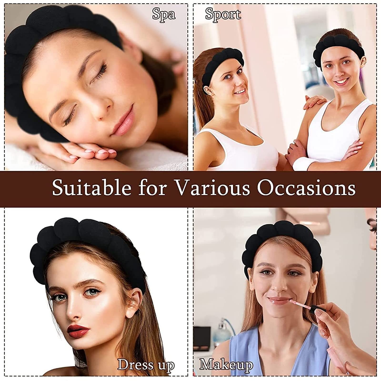 mizeo Spa Headband for Women,Sponge Terry Cloth Fabric Head Band,Soft&Non Slip Hair Band for Washing Face,Makeup,Skincare,Shower,Hair Accessories(Black)