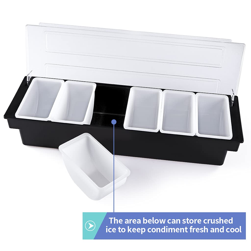 MOLIGOU Ice Cooled Condiment Container, 6 Compartments Garnish Tray with Lid, Fruit Veggie Condiment Caddy for Party, Bar