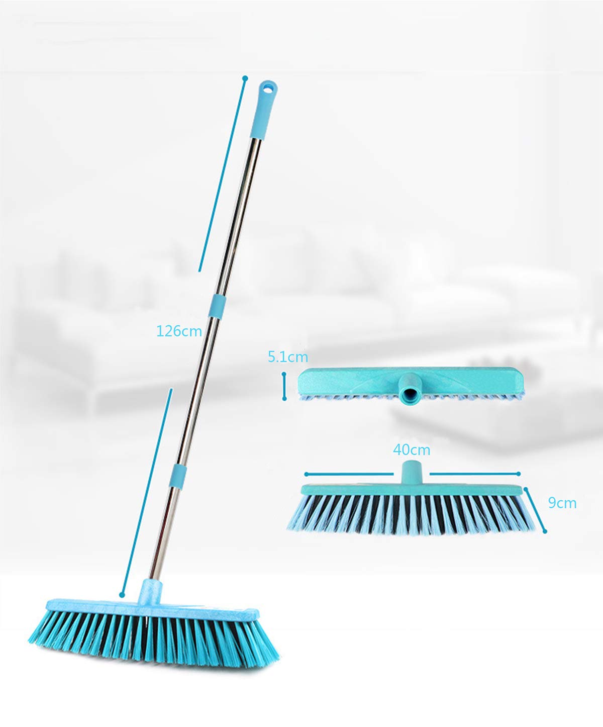 KMAKII Long Handle Push Broom 18 Inches Floor Scrub Brush Head 50 Inches Adjustable Stainless Steel Handle Outdoor Broom for Yard,Garden,Garage and Deck.