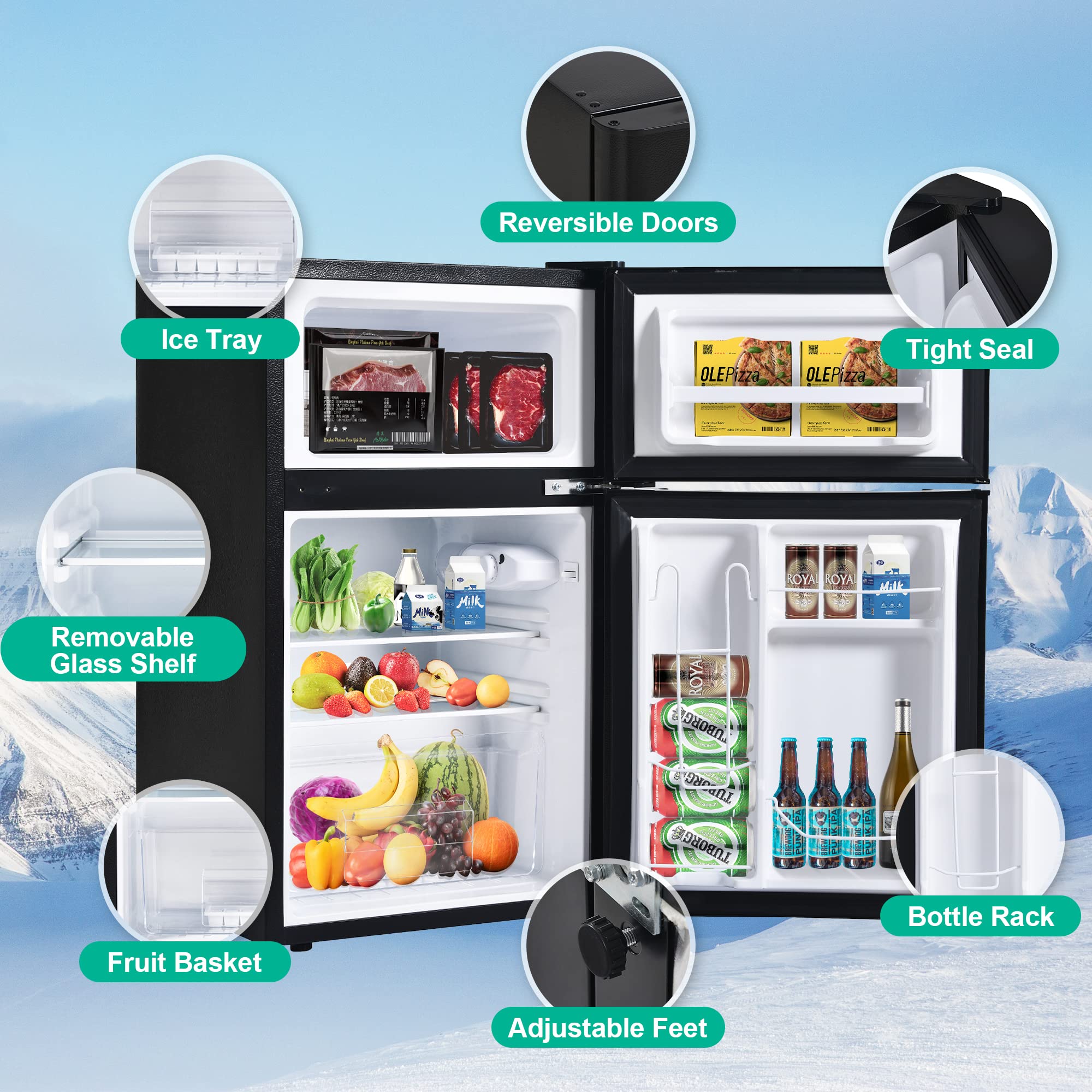 Merax, Black Mini Fridge with Freezer, 3.2Cu.Ft Compact Refrigerator with Two Reversible Doors for Office, Dorm or Bedroom, Adjustable Mechanical Thermostat, 18.9''L x 19.69''W x 32.68''H