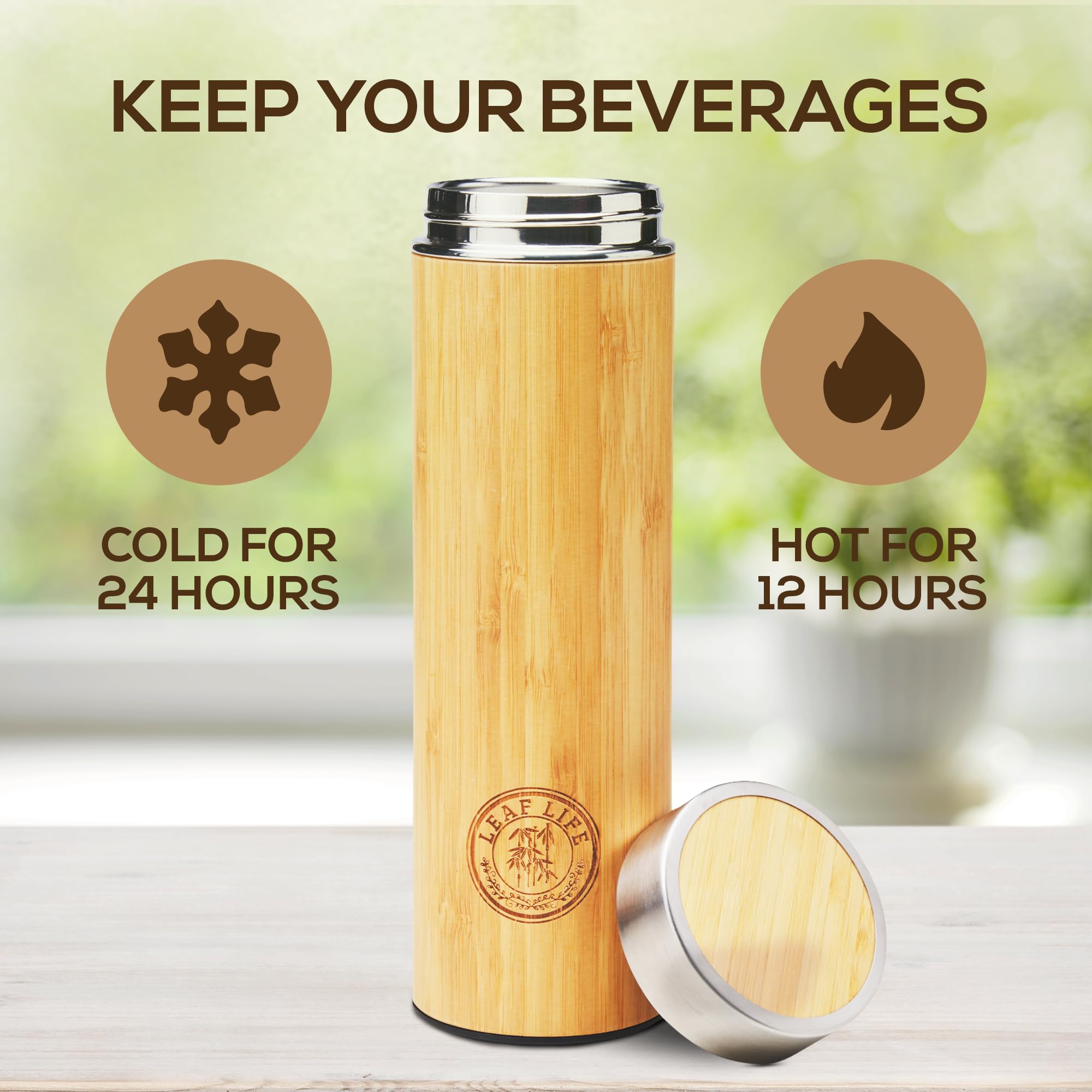 LeafLife Premium Bamboo Thermos with Tea Infusers for Loose Tea 17oz - Hot & Cold for 12 Hrs - Tea Accessories - Long Handled Tea Strainers - Unique Gifts for Women, Tea Gift Set for Women