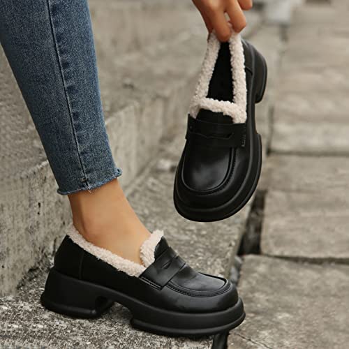 Ladies British Style Solid Color Leather Plush Warm Thick Soled Casual Shoes Mens Slip on Summer Shoes Black